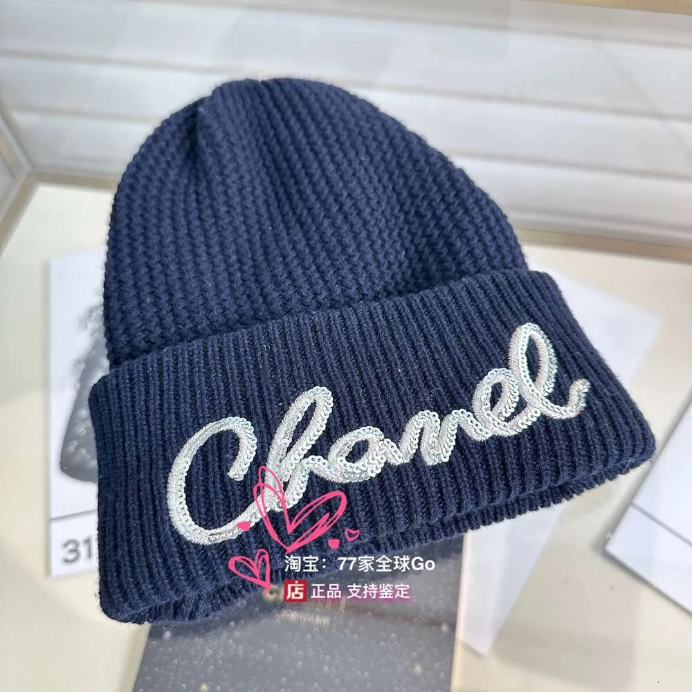 Hats Beans Trendy Sequin And Caps Fashionable Silver Designer Chanles Letter Blue Knitted Hat ...