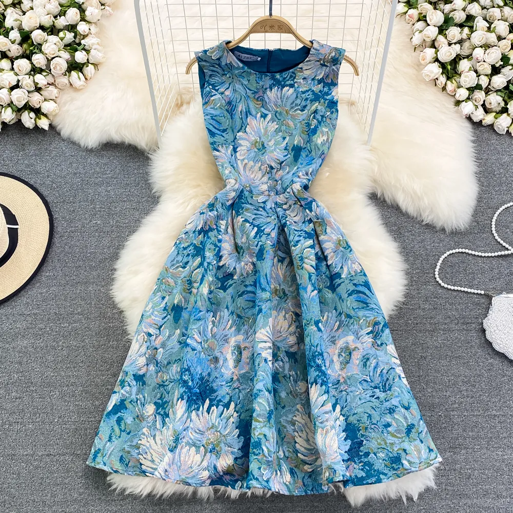 Retro Palace Style Dress | Oil Painting Jacquard Sleeveless A Line ...