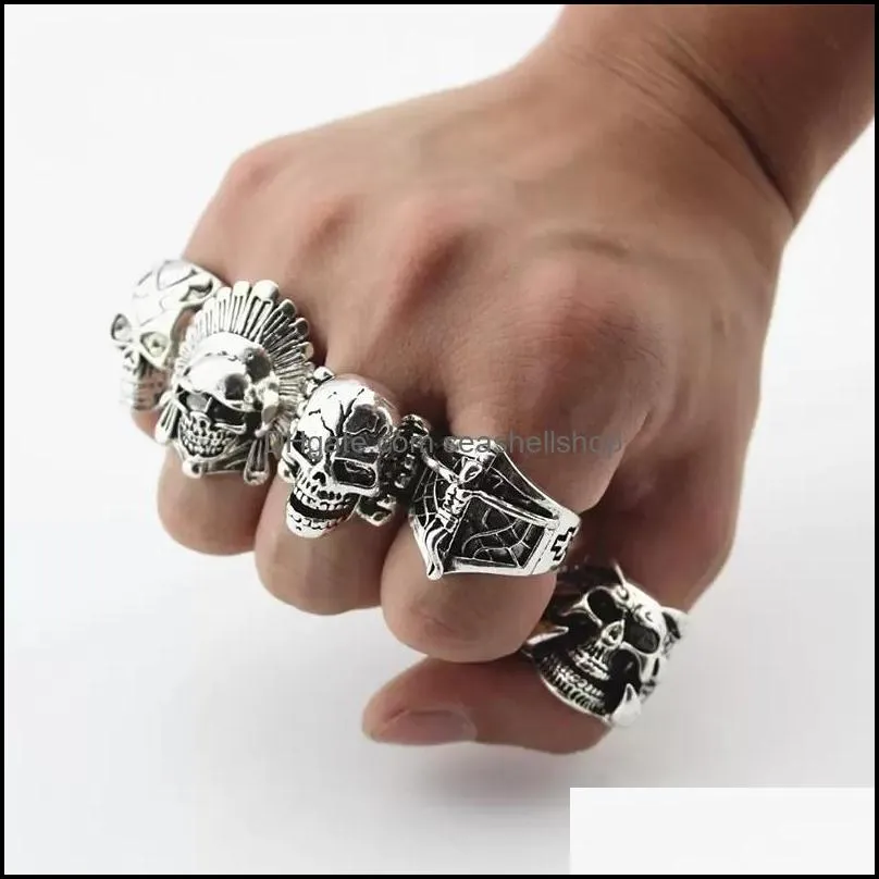 DHgate.com:Mens Gothic Skull Cluster Rings Retro Punk Carved Rings for ...