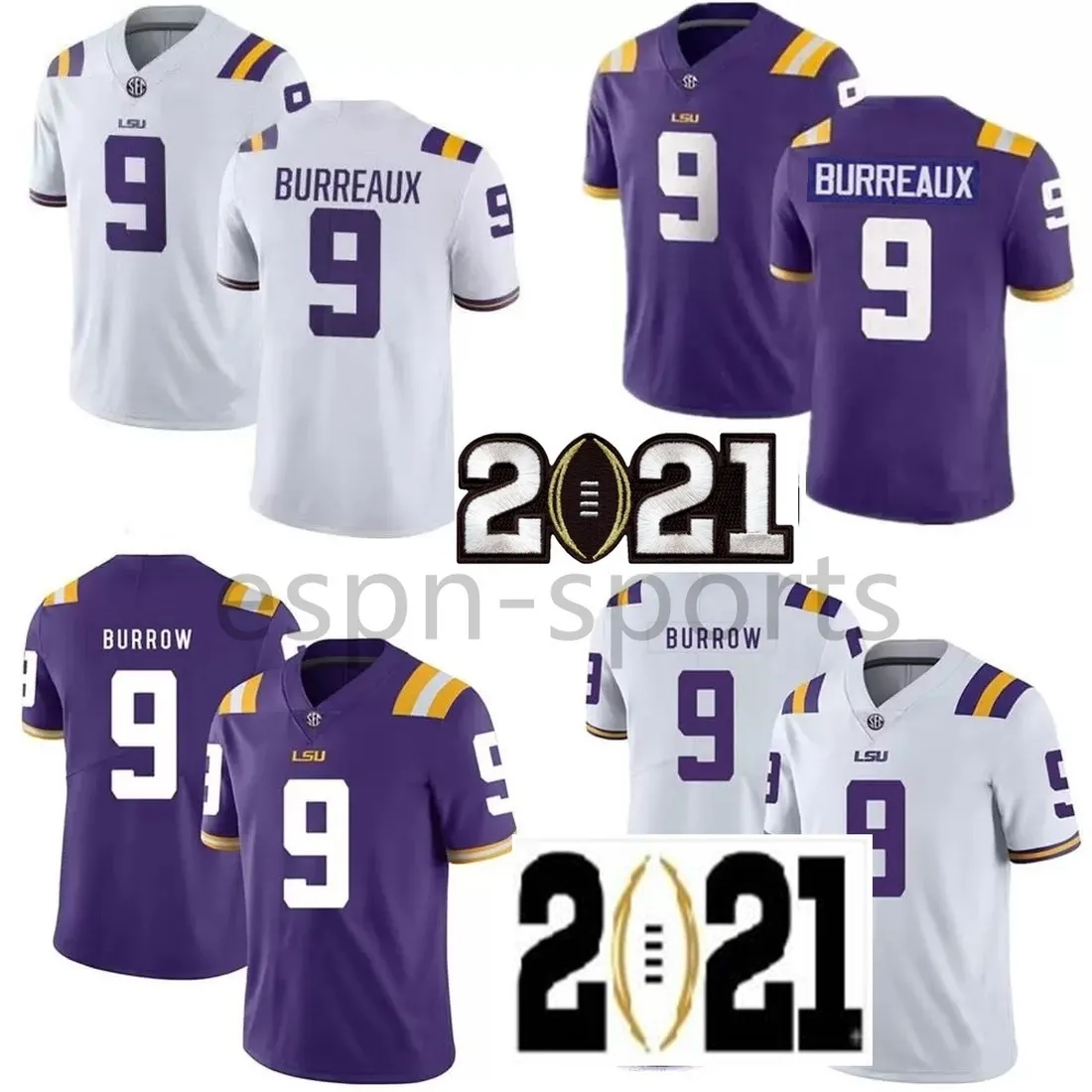 NCAA LSU Tigers #9 Burreaux Jersey 9 Joe Burrow White Purple College ...