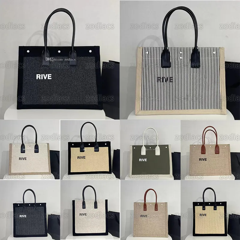 Rive Gauche Totes Bags Women Striped Canvas And Weave Leather Large ...