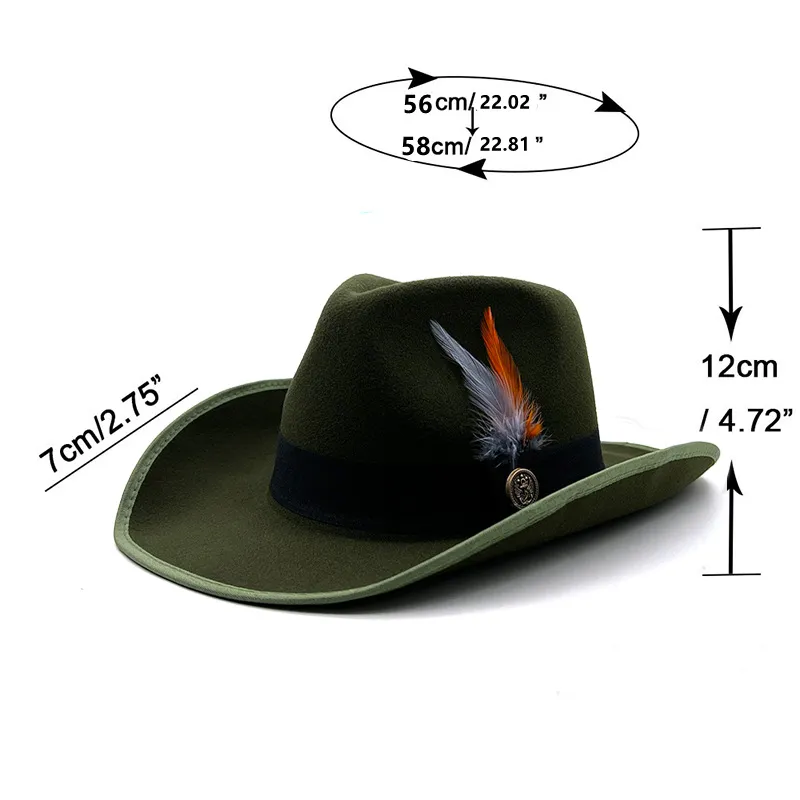 Army Green Wide Brim Fedora Hat With Feather Band For Men & Women ...