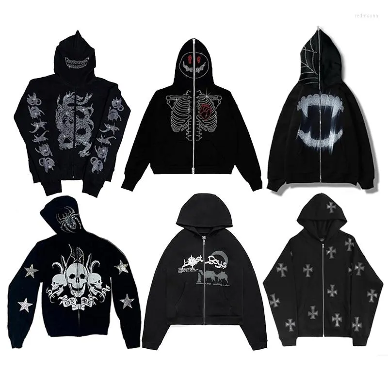 Men's Hoodies Y2K Rhinestone Skeleton Women Gothic Black Zip Up Oversized Sweatshirts Autumn ...