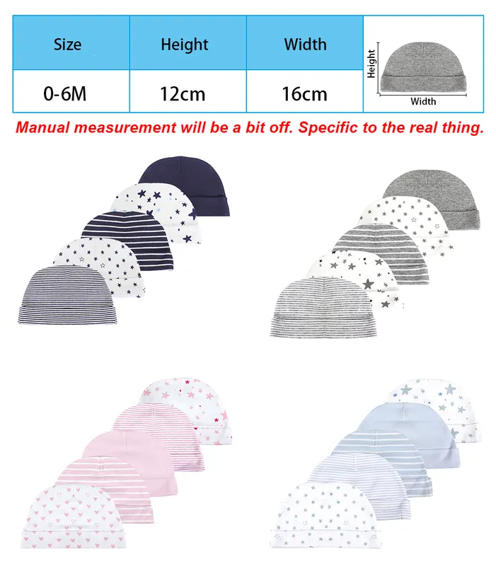 Baby Hats 5-Piece Set, 100% Cotton Printed Caps for Newborns 0-6 Months ...