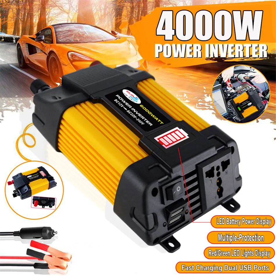 Auto Power Inverter 4000W Peak DC 12V To AC 110V/220V Dual USB Modified ...