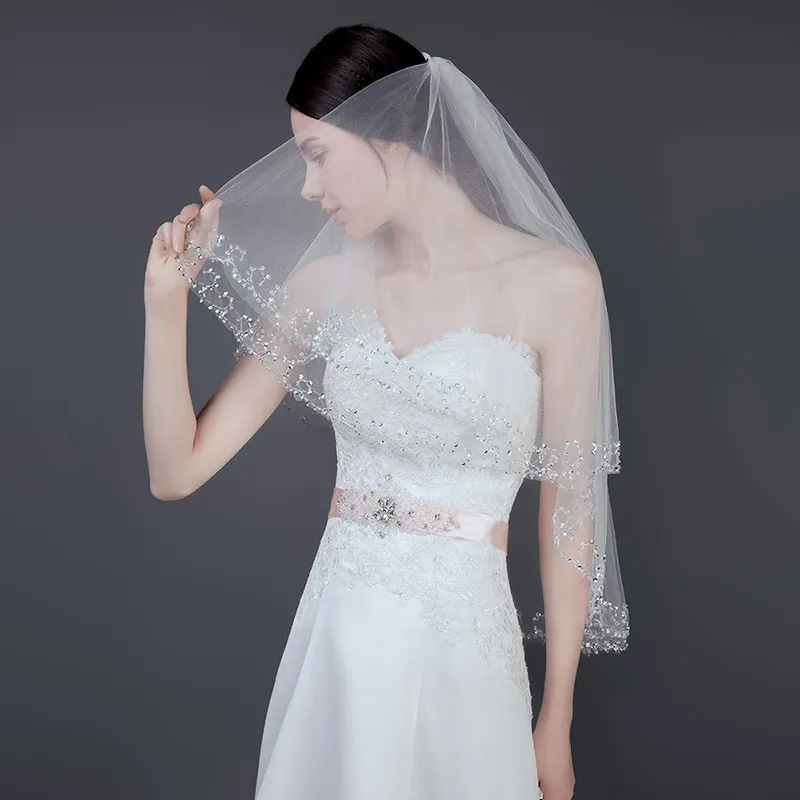 Sparkling Sequin Beaded Wedding Veil - Ivory White, Two-Layer Bridal ...