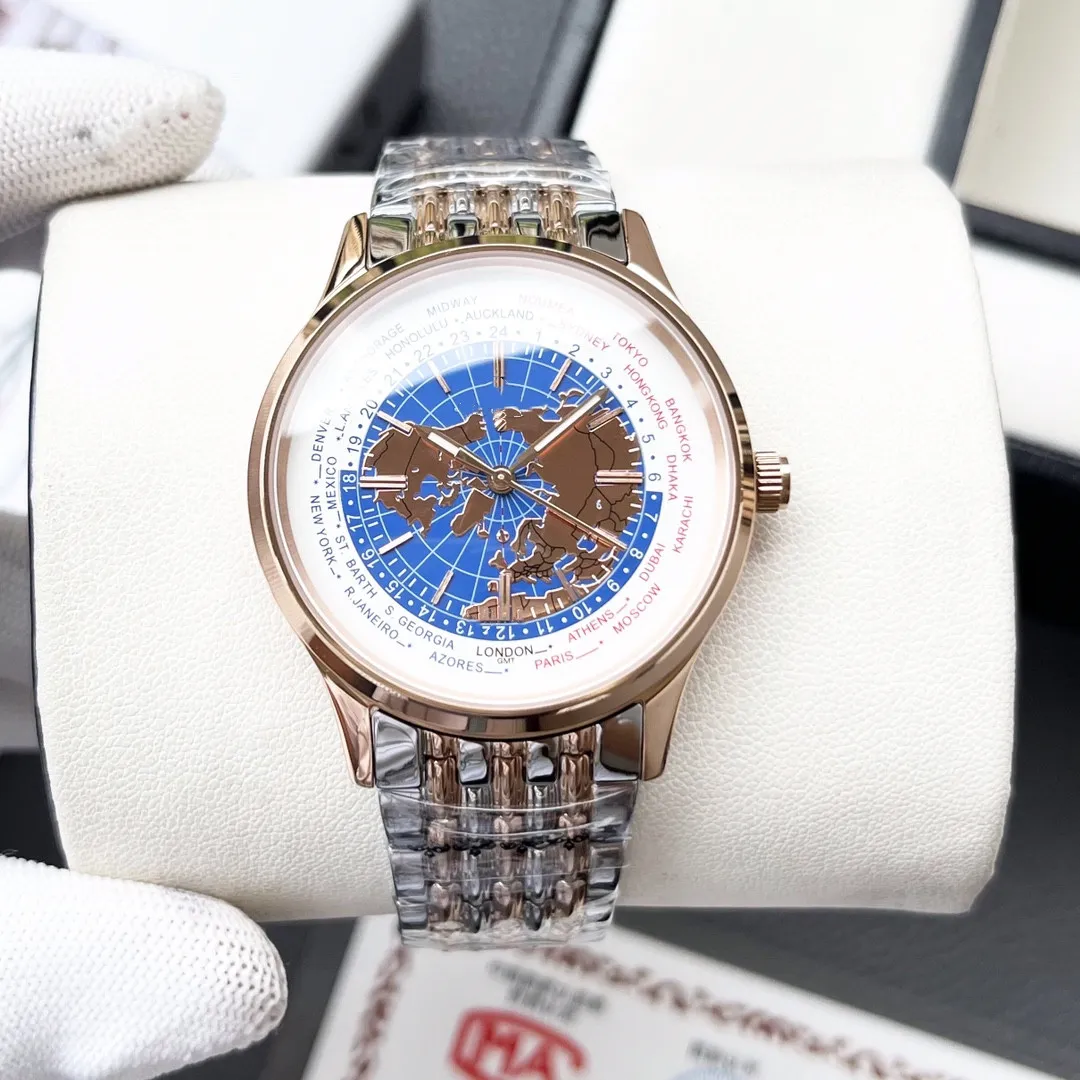 Men's Automatic World Map Watch - 40mm Stainless Steel, Genuine Leather ...