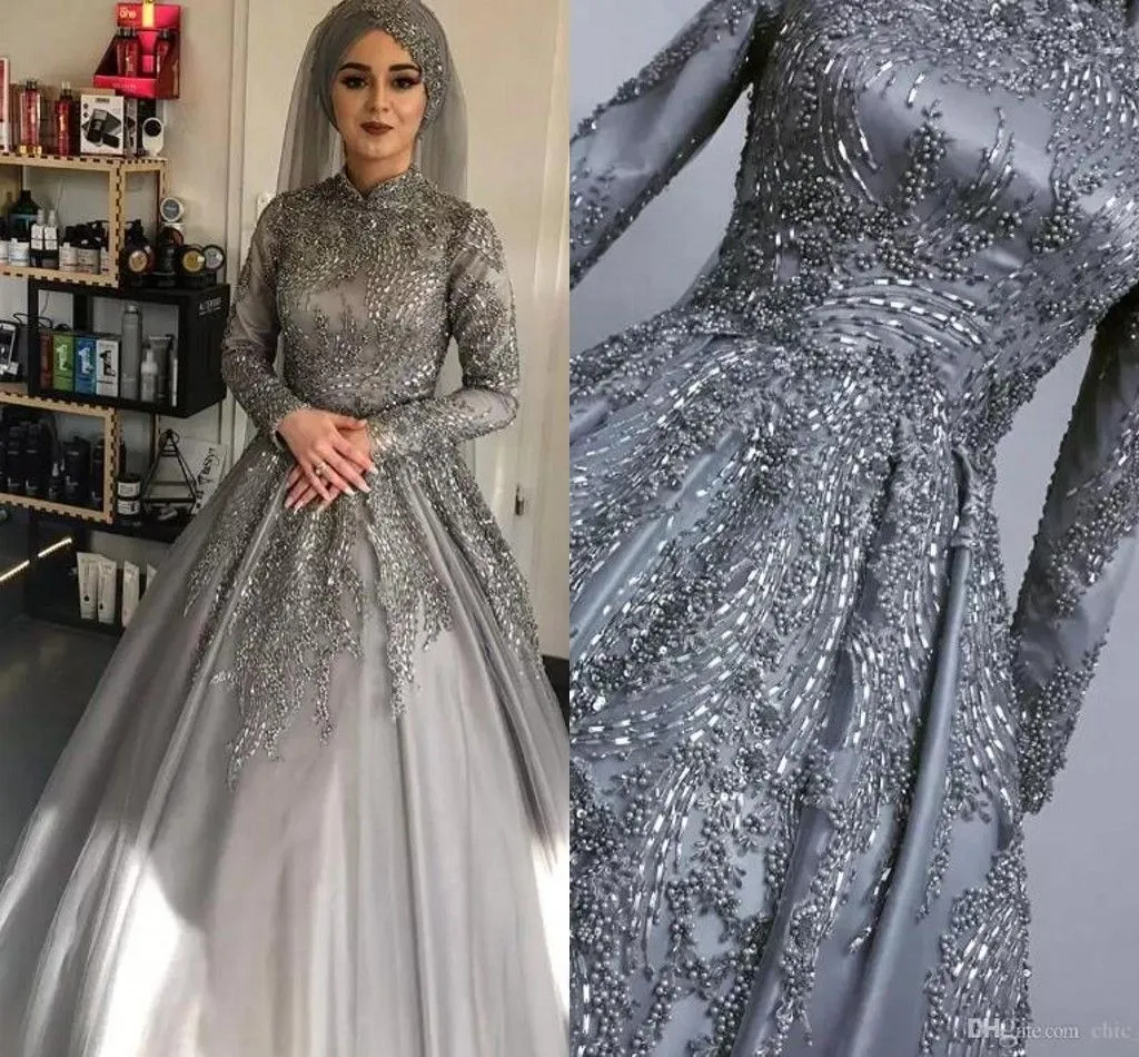Custom Made Gray Muslim Wedding Dress With Beaded Pyrite Crystal Long