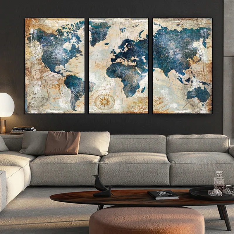 Watercolor World Map 3 Panel HD Print On Canvas Landscape Modular Wall ...