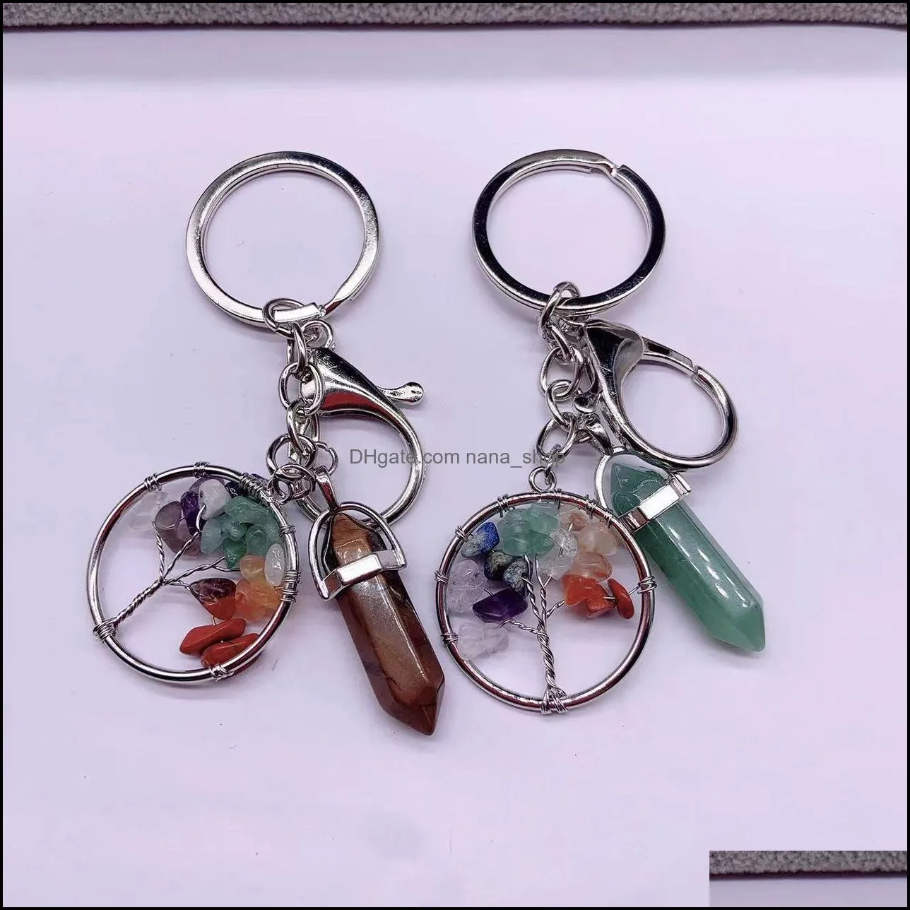 Tree Of Life Hexagonal Prism Quartz Crystal Keychain With Natural Stone ...