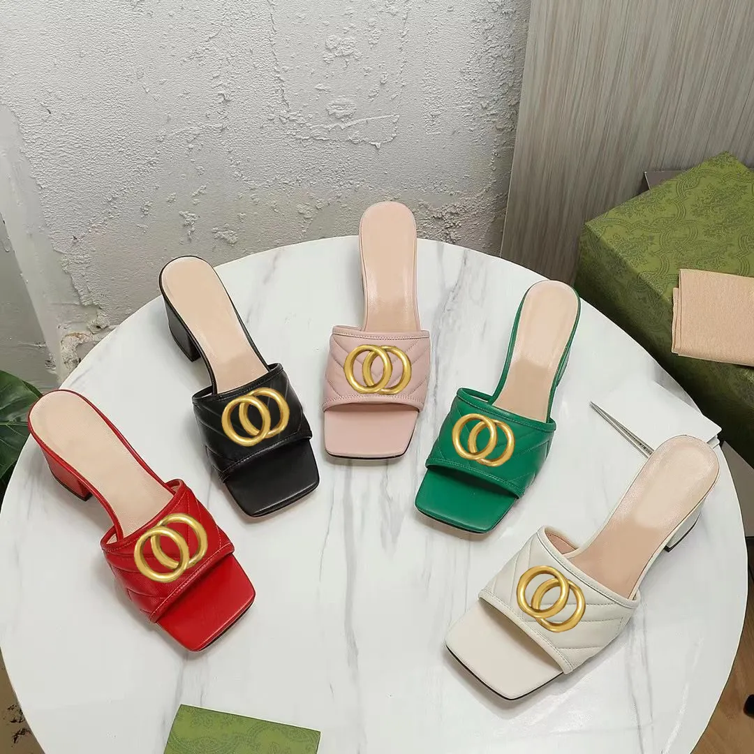 Designer Leather Beach Doubleu Slippers For Women Thick Heels, Metal ...