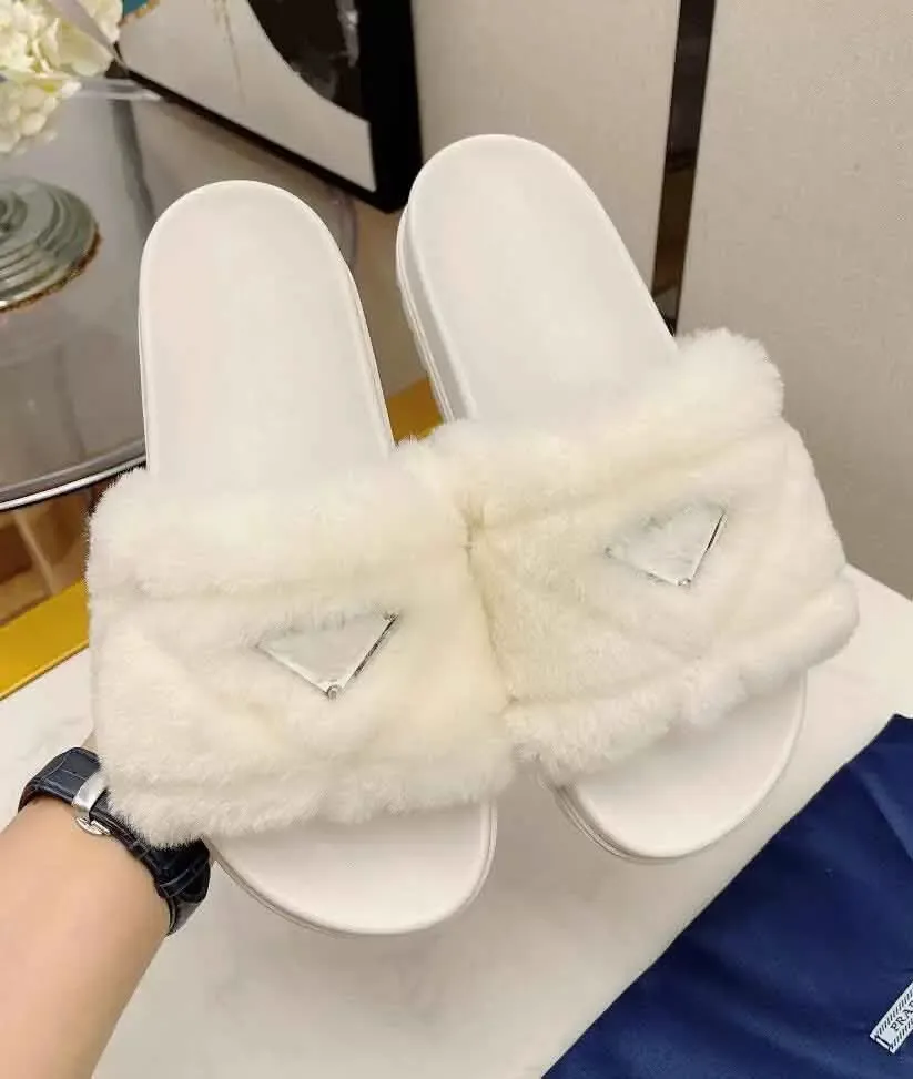 Triangle Shearling Slides Sandals Shoes Women Rubber Sole Flip Flops ...