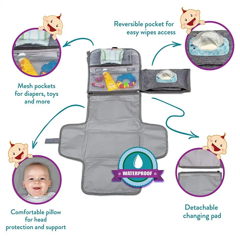 Portable Changing Pad Cover - Waterproof Diaper Mat with Smart Wipes ...