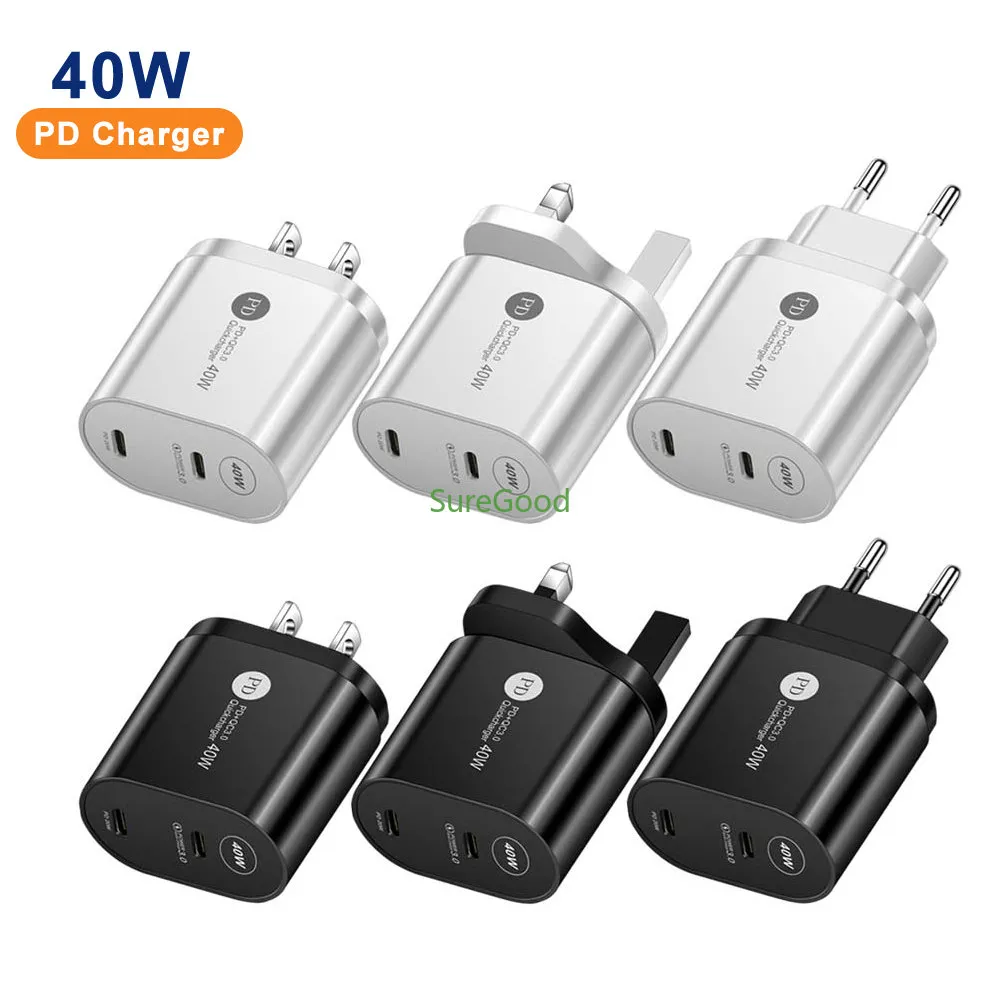 Dual PD Wall Phone Charger 40W Type C USB Power Bank UK US Plug Charger ...