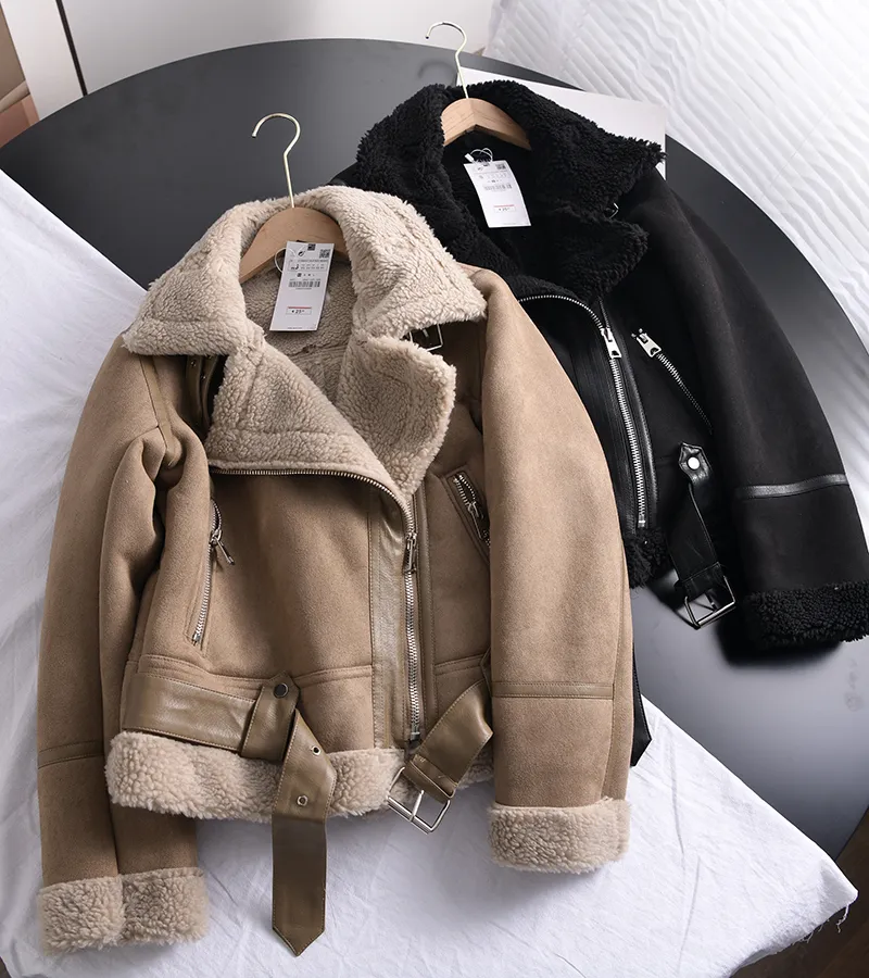 Faux Sheepskin Jacket Womens Thick Warm Suede Lamb Short Motorcycle ...