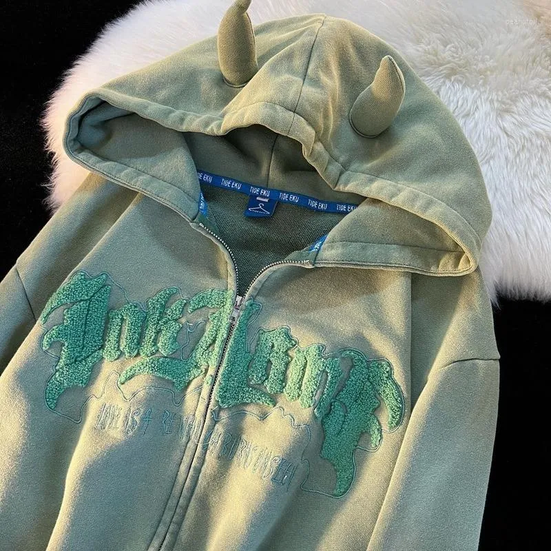 Retro Oversized Vintage Zip Up Hoodie With Horn And Letter Retro Oversized Vintage Zip Up Hoodie With Horn And Letter
