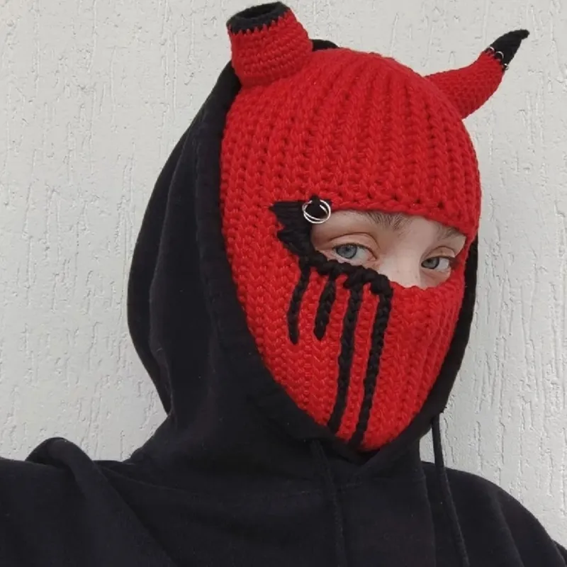 Beanie Skull Cap Halloween Funny Horns Knitted Hat Warm Full Face Cover ...