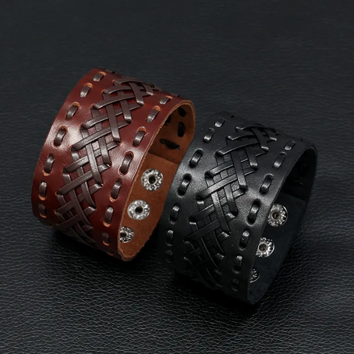 Hand Made Leather Lace Wide Bandage Cuff Bracelet Adjustable Button ...