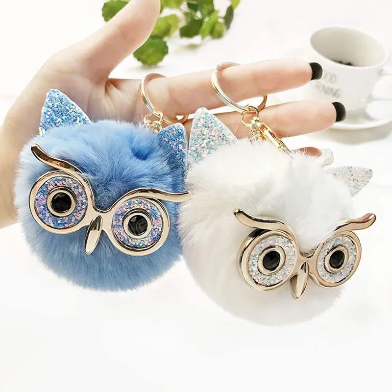 Cute Cartoon Owl Keychain Fluffy Rabbit Fur Plush Ball Pompom Pendant ...