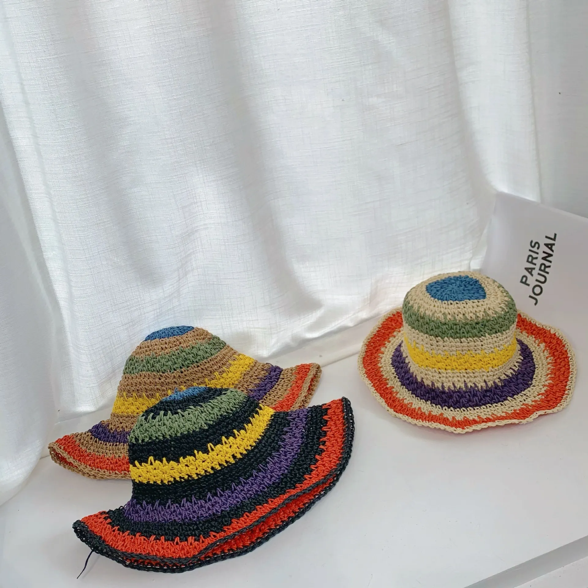 Stiff Brim Bucket Hat Woman Sun Straw Handmade Rainbow Striped Crochet ...