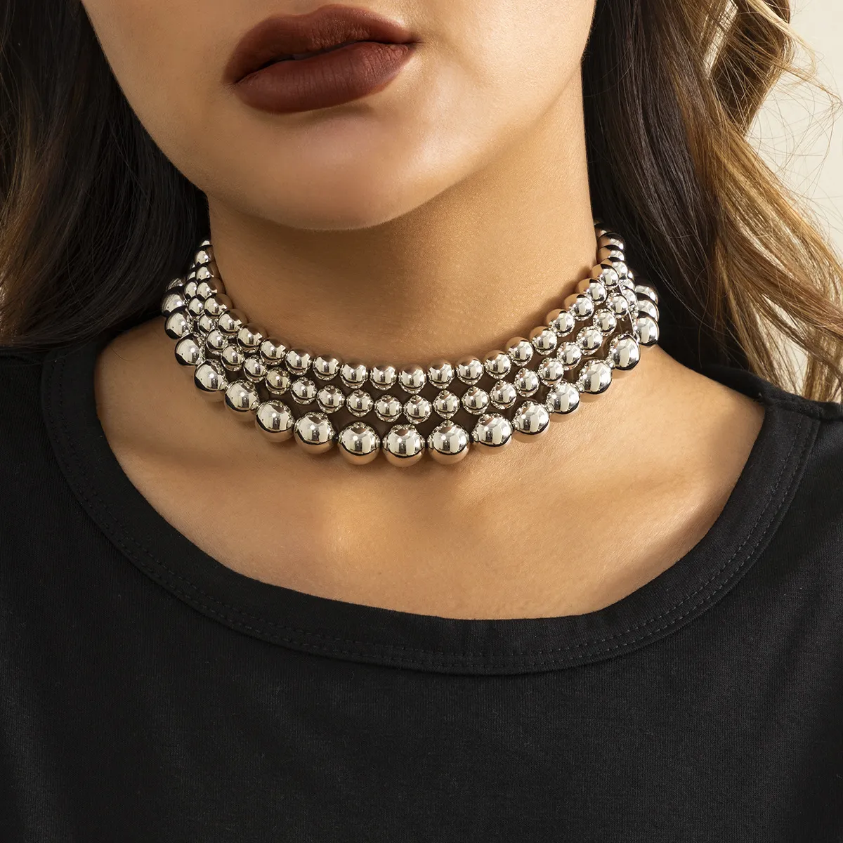 Women Choker Necklace Exaggerated Layered Beaded Chain Choker, Hiphop ...