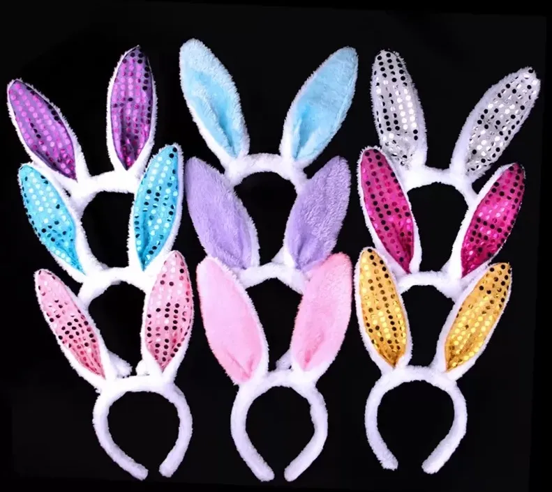 LED Light Flashing Fluffy Rabbit Ears Headband Sequins Headdress Bunny ...