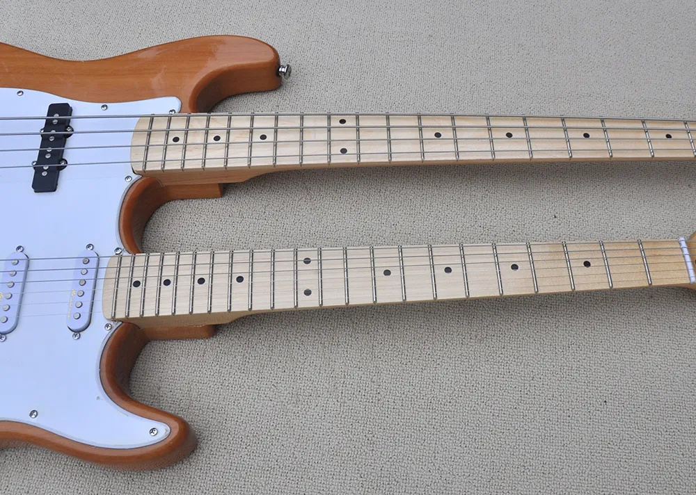 Double Neck Electric Guitar, Natural Wood Finish With 6 & 4 String Bass ...