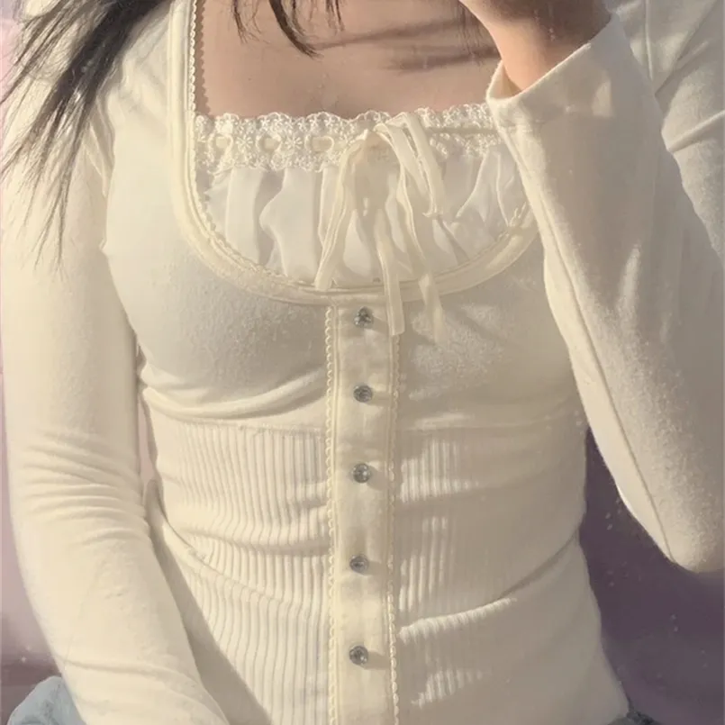 Rapcopter Y2k Sweet Cute Crop Top Lace Frill Bow Pullovers Vintage