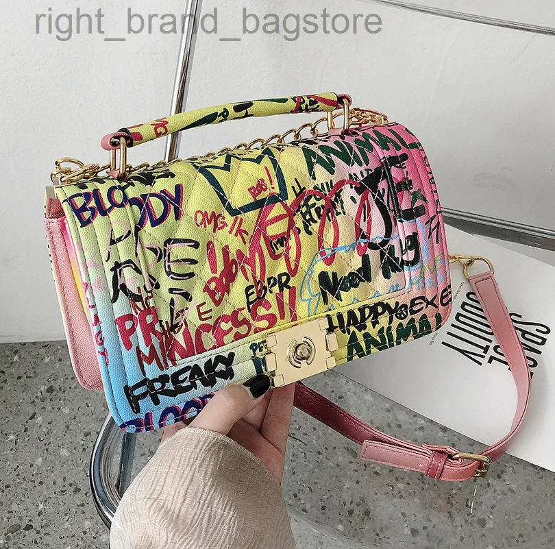 Chic Graffiti Small Square Handbag: Rhombus Chain Messenger Bag, Summer ...