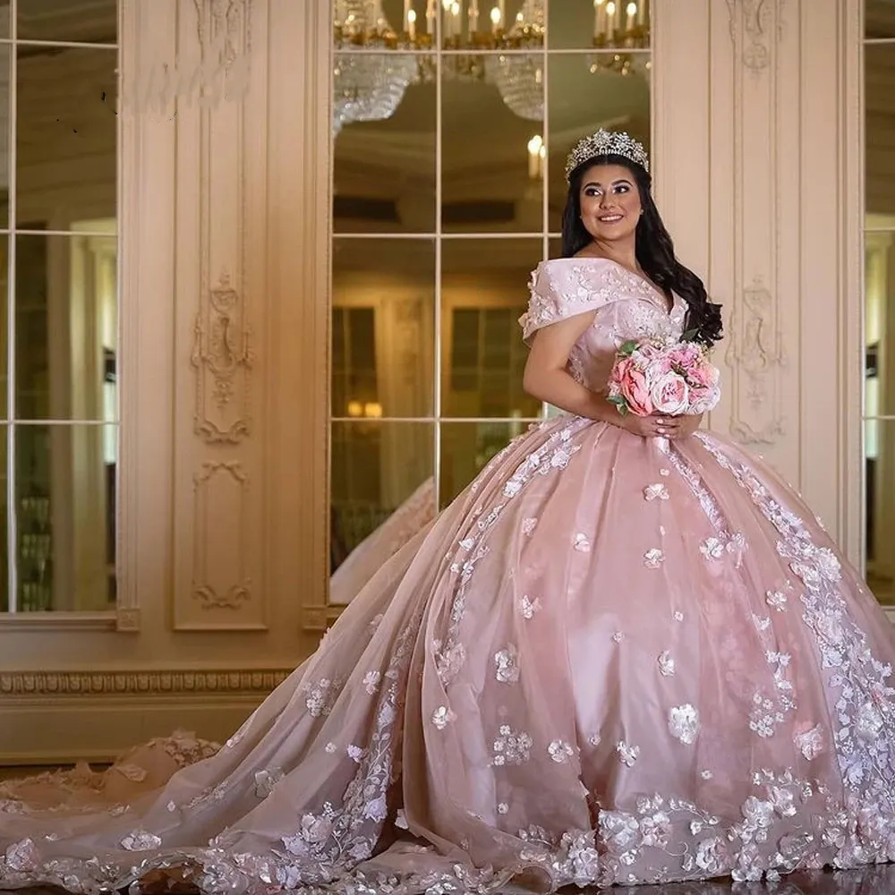 Sparkling Pink Princess Ball Gown Pink Floral Quinceanera Dresses With Pearls Perfect For Sweet