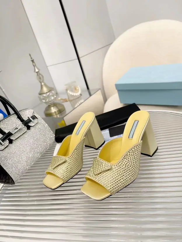 High Quality Thick Heel Slippers Fashion Patent Diamond Face High Heels ...