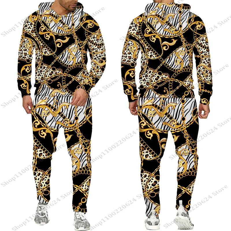 Golden Pattern Chain 3D Printed Mens Tracksuit Hoodie Pants Set ...