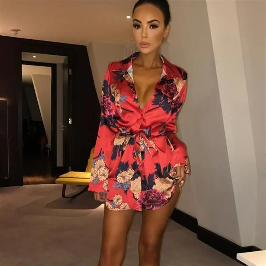 Summer Sexy Women Silk Satin Dress Damas Lamas Floral Floral Manga Larga Mini Vestidos Cortos