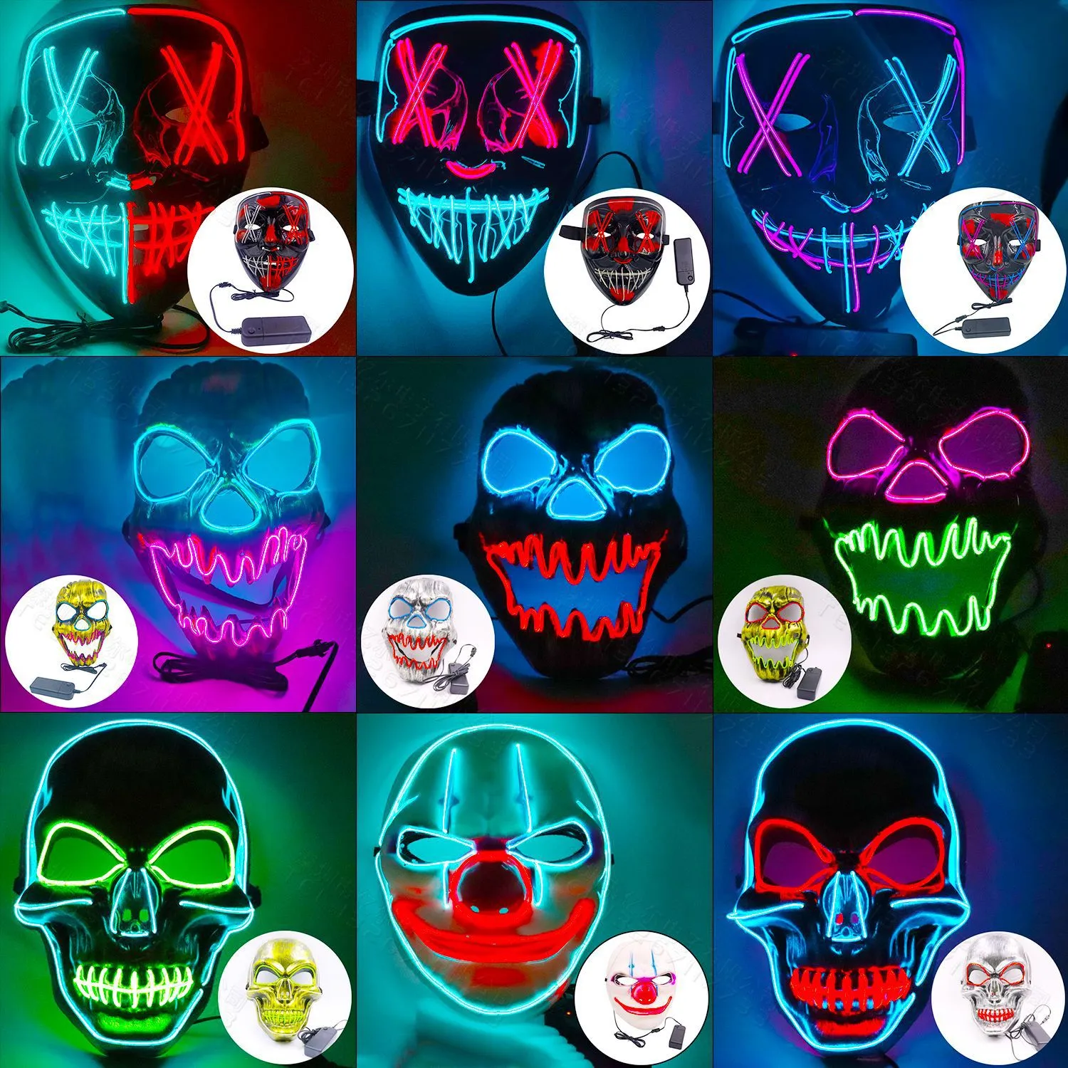 Halloween LED Glowing Mask Party Favor Alien Zombie Panda Face Samurai ...