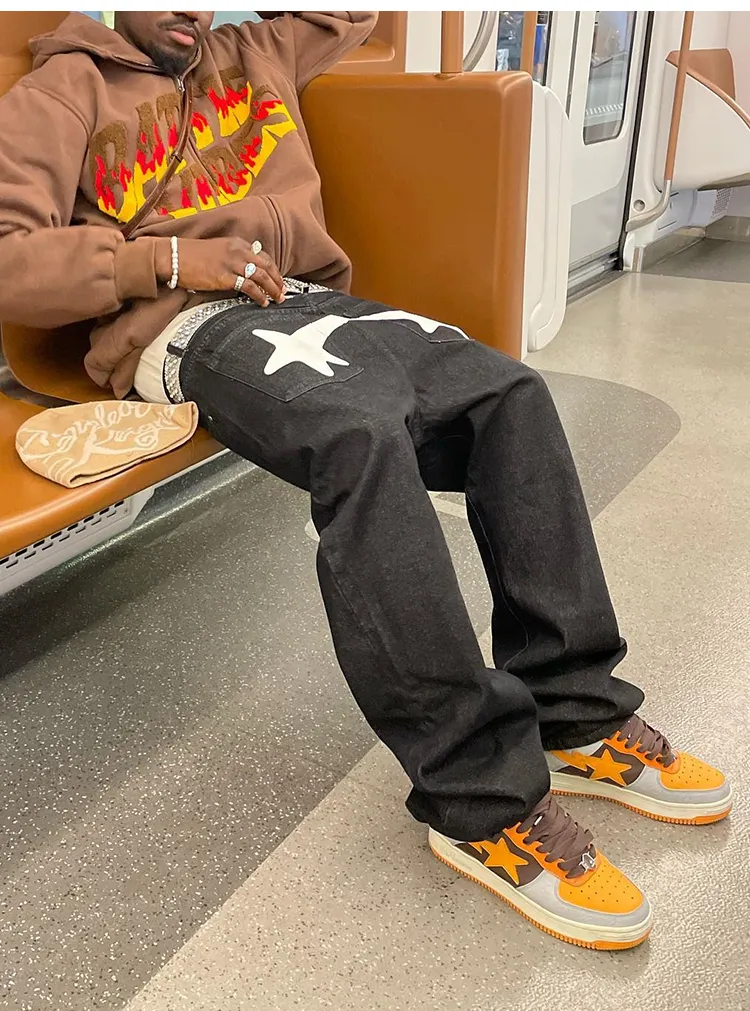 Y2K Fashion Mens Black Star Printed Baggy Vintage Jeans Mens Y2K Fashion Mens Black Star Printed Baggy Vintage Jeans Mens