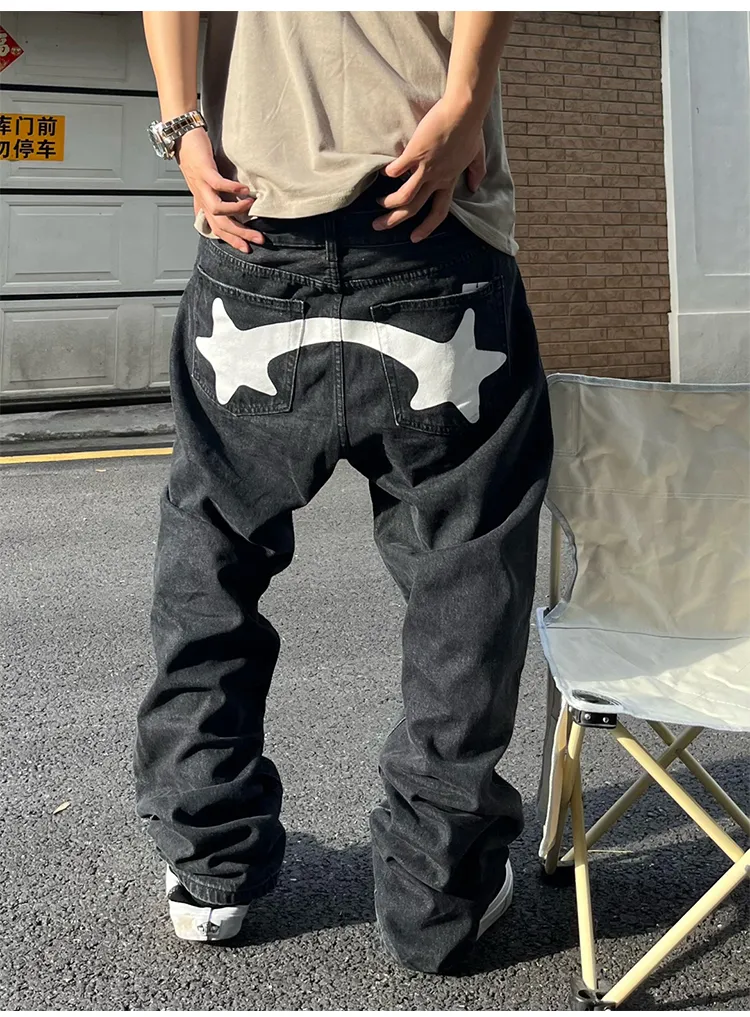 Y2K Fashion Mens Black Star Printed Baggy Vintage Jeans Mens Y2K Fashion Mens Black Star Printed Baggy Vintage Jeans Mens