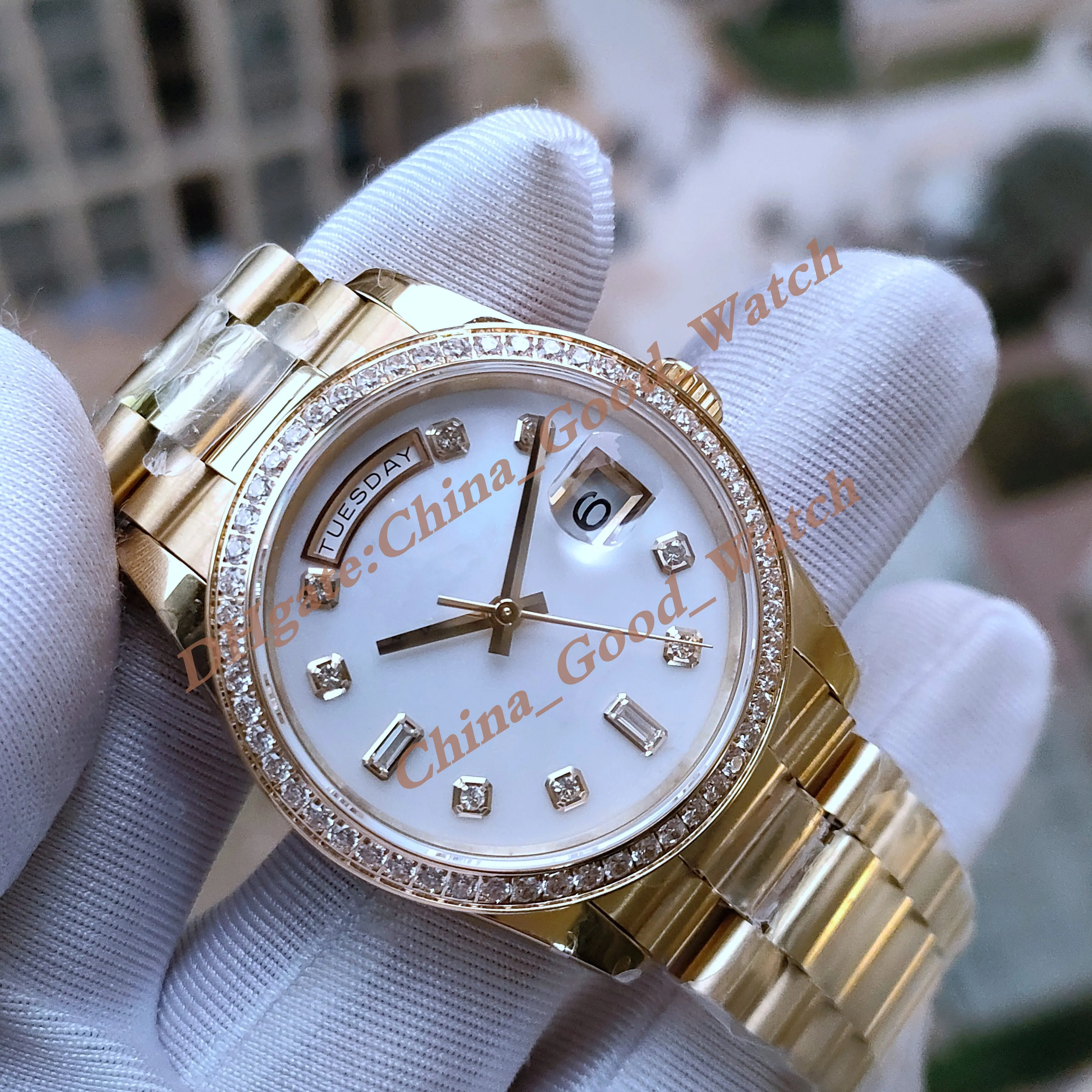 Mens 36mm Automatic Gold Dial Watch With Diamond Bezel & Date Function ...