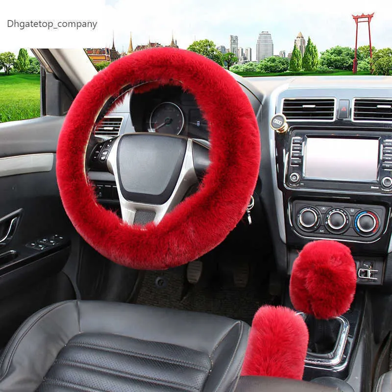 4pcs Red Set Universal Furry Thick Steering Wheel Cover,