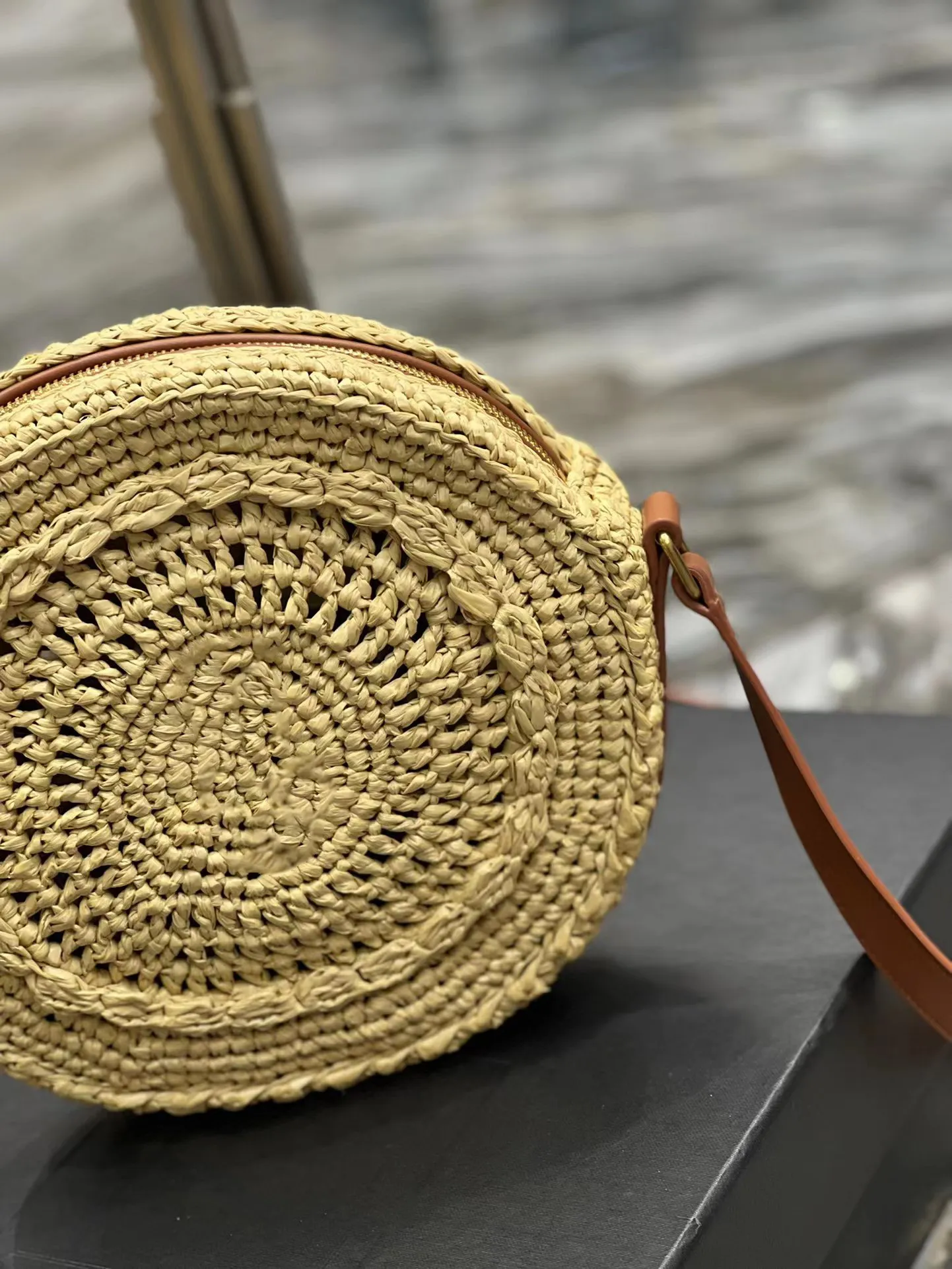 Round Straw Bag For Women, Cowhide Cane Beach Bag, Lafite Woven Chain ...
