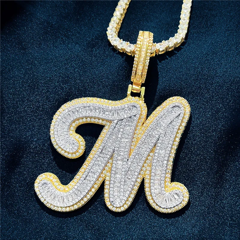 AZ Cut Baguette Cursive Letters Gold M Pendant Customizable From Medofu ...