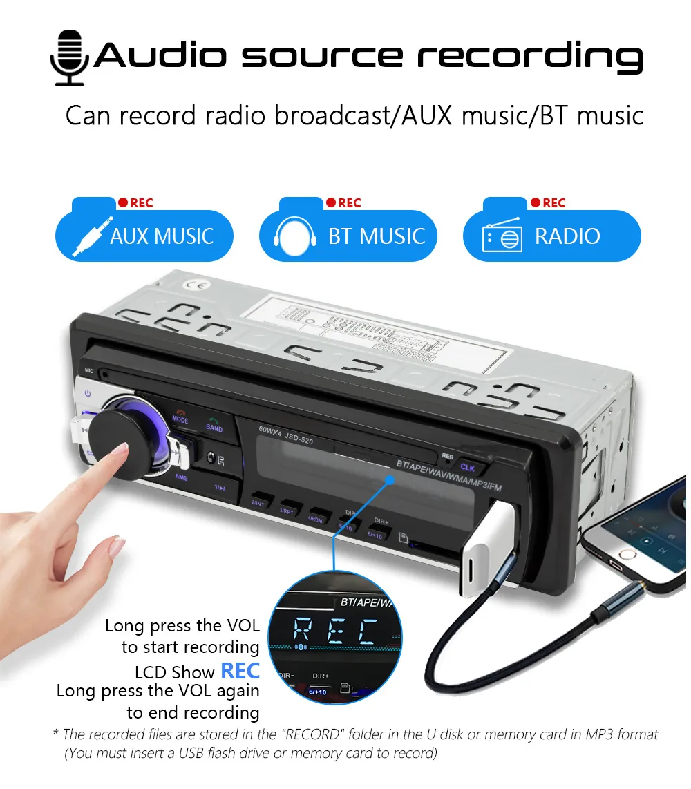 JSD520 vehicle radio Stereo Player with Bluetooth, FM Radio, USB/SD, In ...