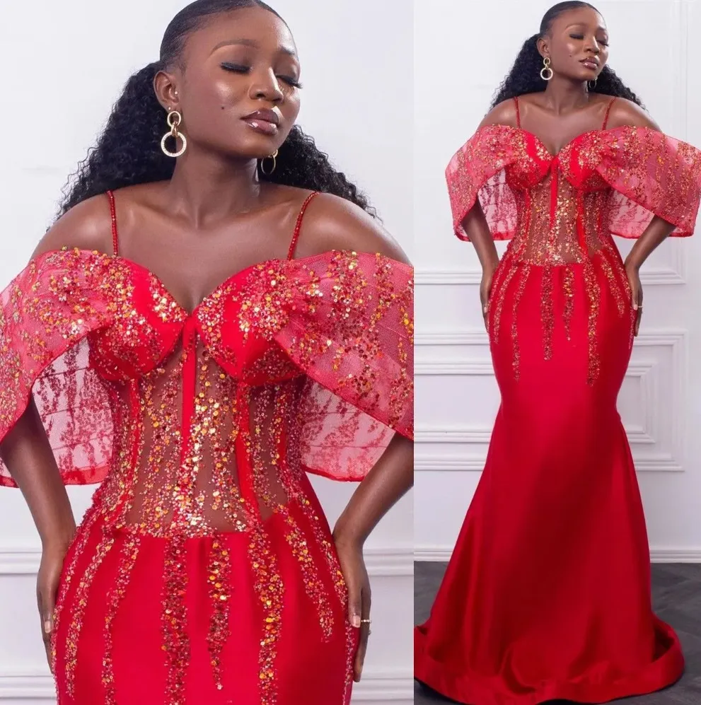 2023 Arabe Aso Ebi Rouge Sirène Robes De Bal Paillettes Perlées Soirée