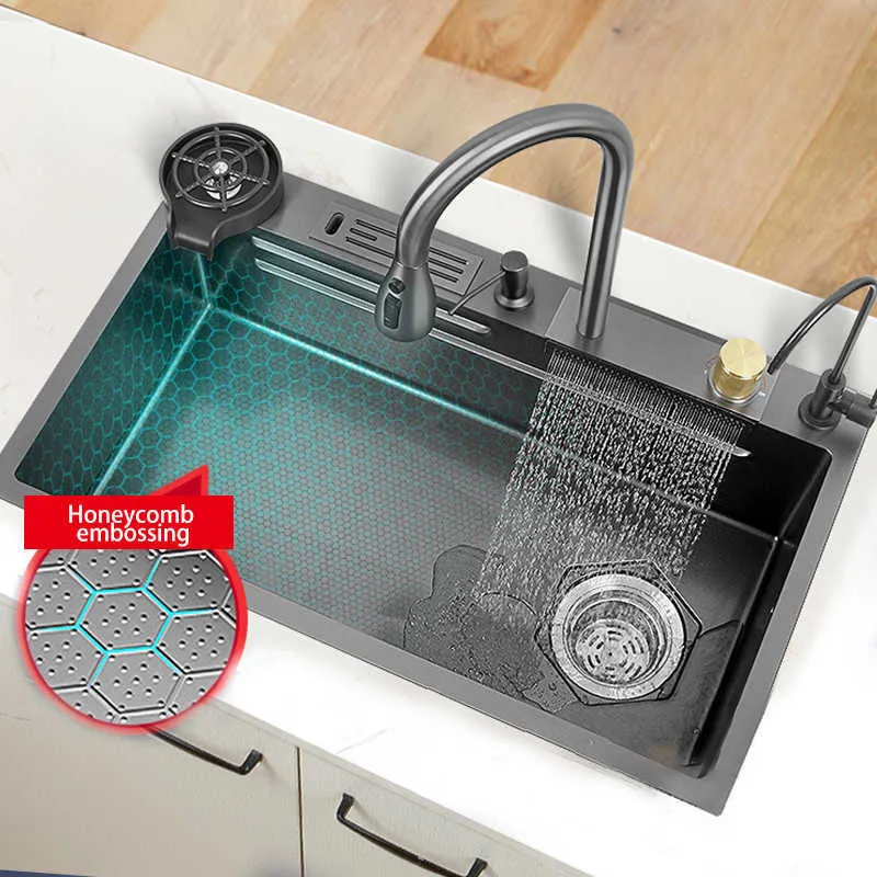DHgate.com:304 Stainless Steel Waterfall Kitchen Sink, Nano-embossed ...