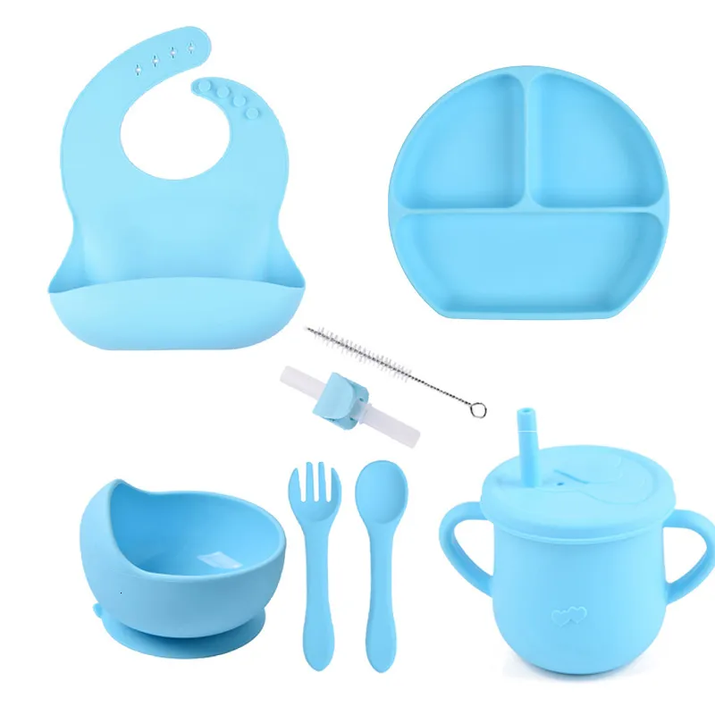Silicone Baby dinnerware set with Cup, Plate, Tray, Bibs - Non-Slip ...