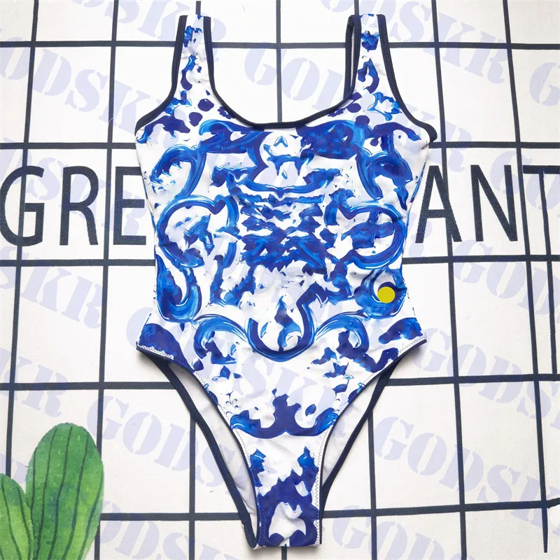 Navy Blue Swimsuit With Metal Logo Textile Vintage Pattern Swimwear ...