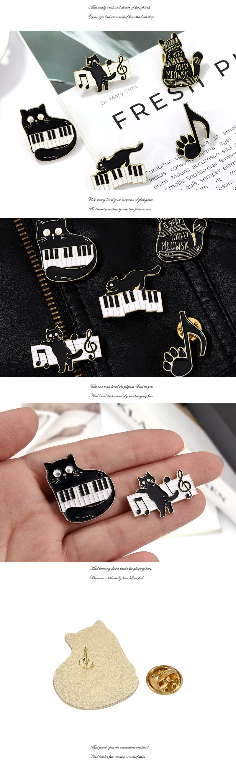 Enamel Piano Key Pins Black And White Cat And Musical Note Vintage Cat ...