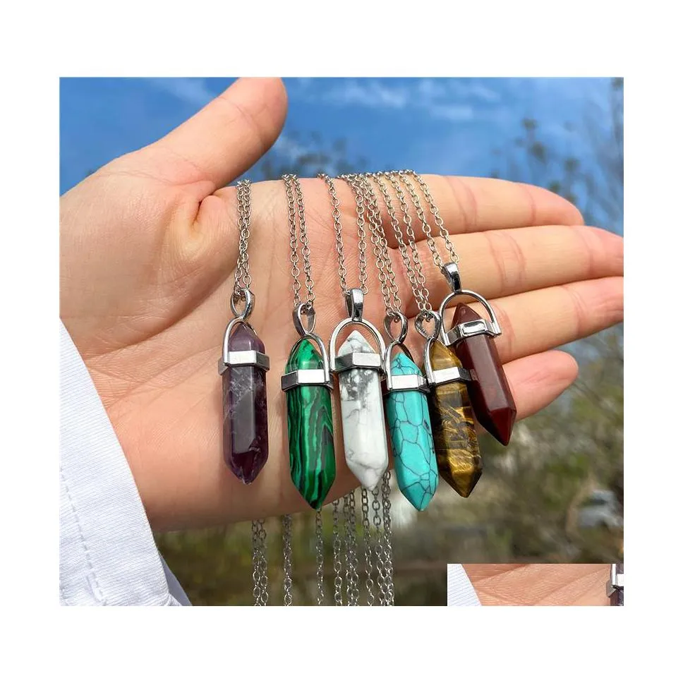 Natural Stone Hexagonal Column Pendant Necklace With Stainless Steel ...