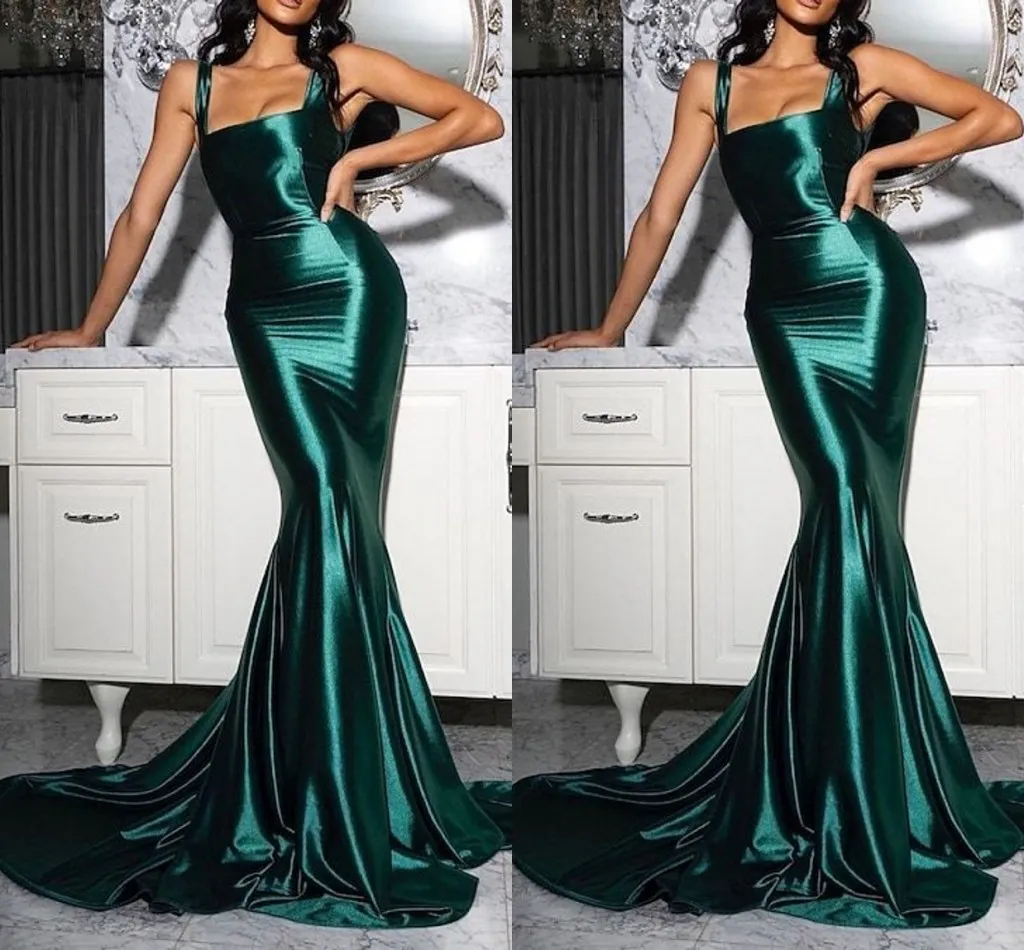 Emerald Green Satin Mermaid Emerald Green Mermaid Dress For Plus Size Women Spaghetti Straps ...