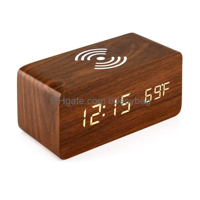 Bamboo Desk Clock Wooden Led Digital Clock With Sound Control Time Date ...