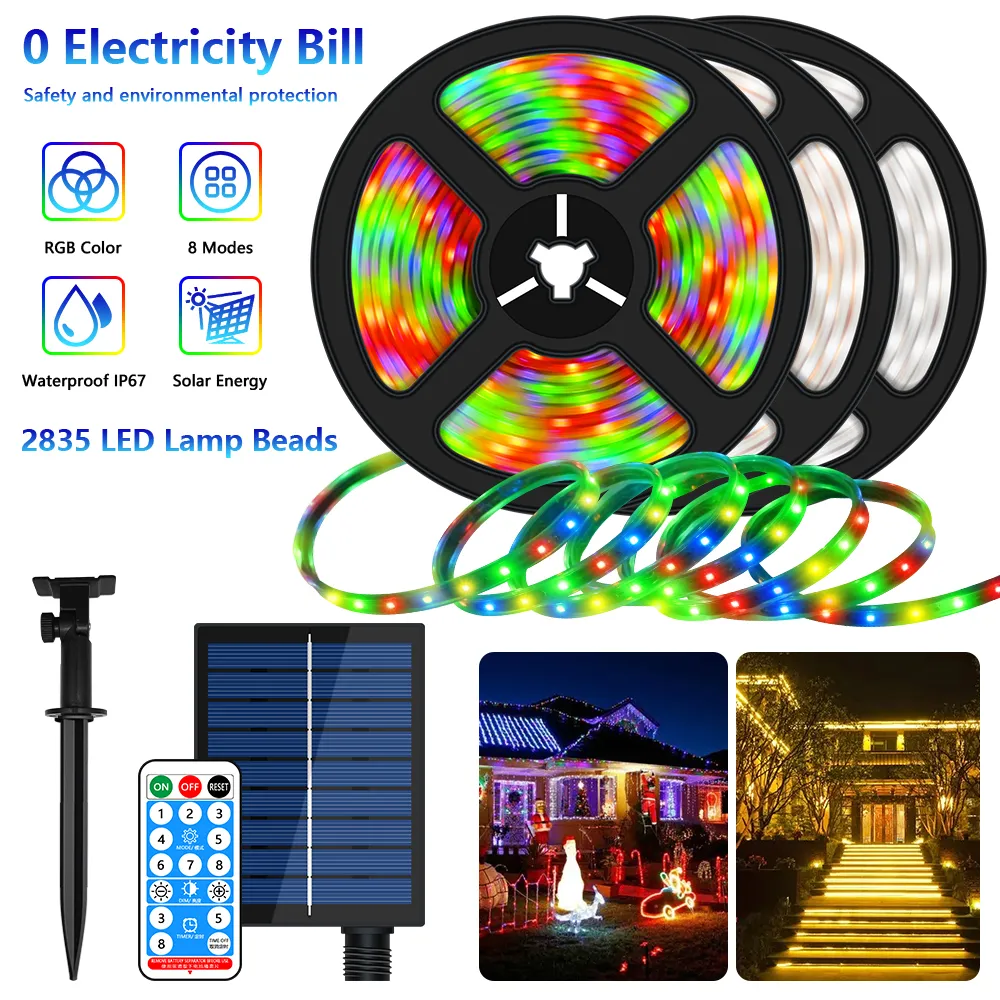 5M/10M Solar LED Strip Light 8 Modes Christmas String Colorful Fairy ...